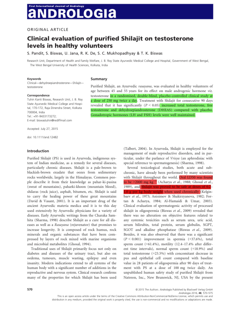 Andrologia - 2015 - Shilajit On Testosterone Levels | PDF