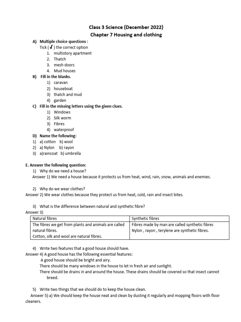 Housing and Clothing Class 3 | PDF
