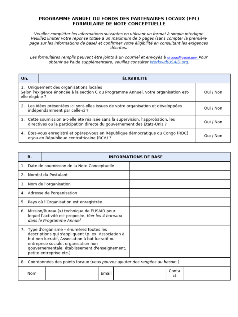 RDC_FPL 72060524APS00001 Formulaire de La Note Conceptuelle | PDF