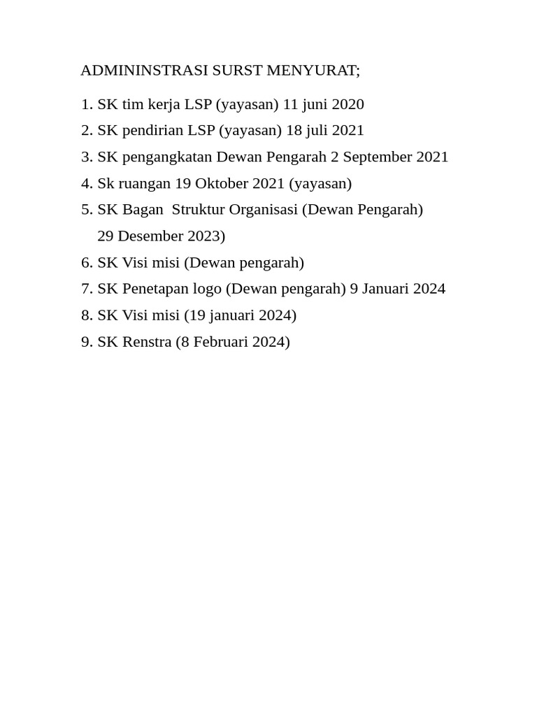 Urutan SK Admininstrasi Surst Menyurat (LSP) | PDF