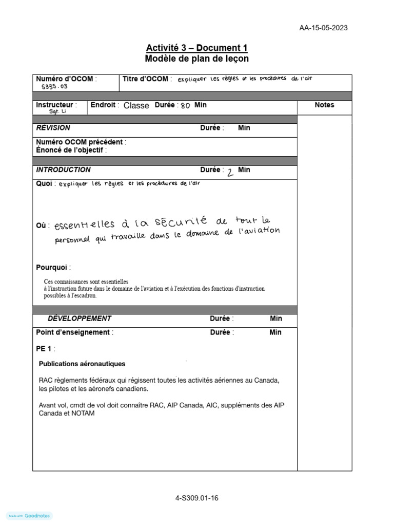 Activité 3 - Document 1 Modèle de Plan de Leçon: Classe | PDF