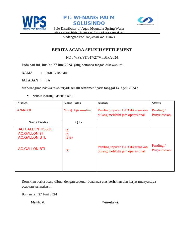 Berita Acara Selisih Settlement New 1-4 | PDF