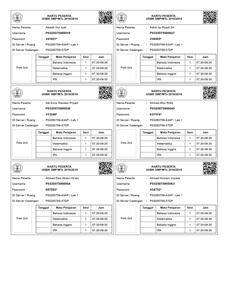 Kartu Simulasi UNBK | PDF