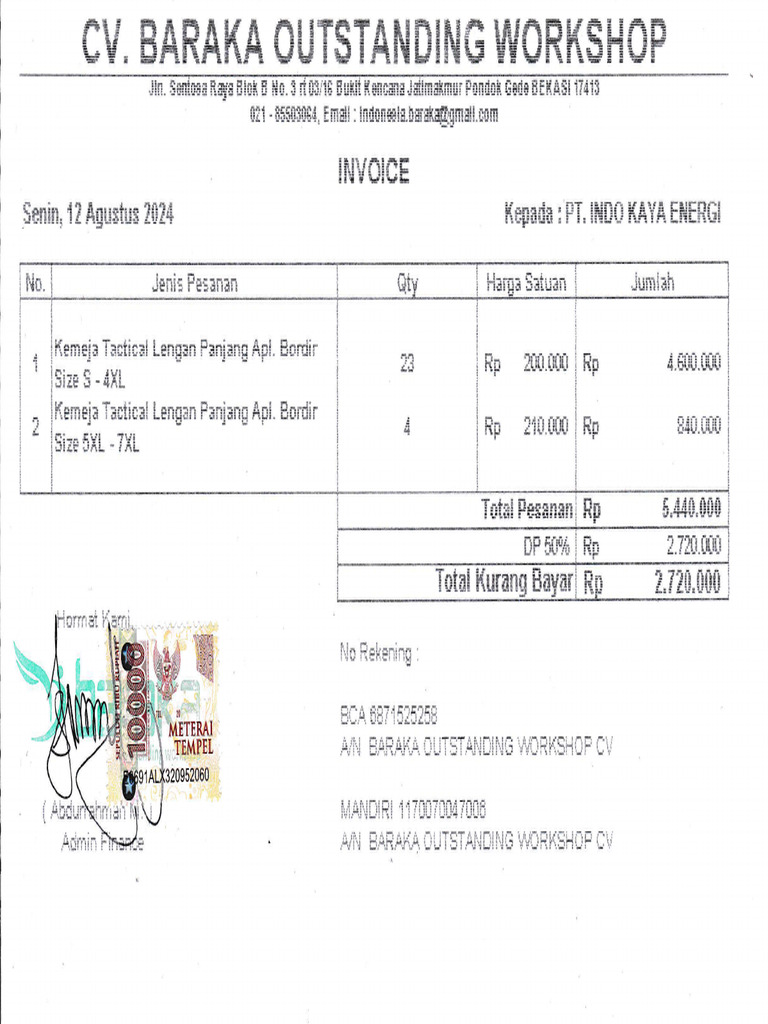 Invoice Pelunasan 50% - CV. Baraka Outstanding Workshop | PDF