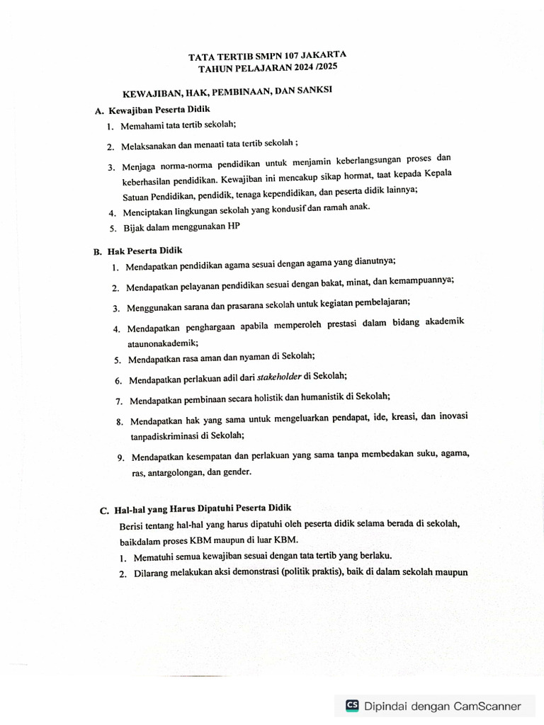 Tata Tertib SMPN 107 Jakarta THN Pelajaran 20242025 | PDF