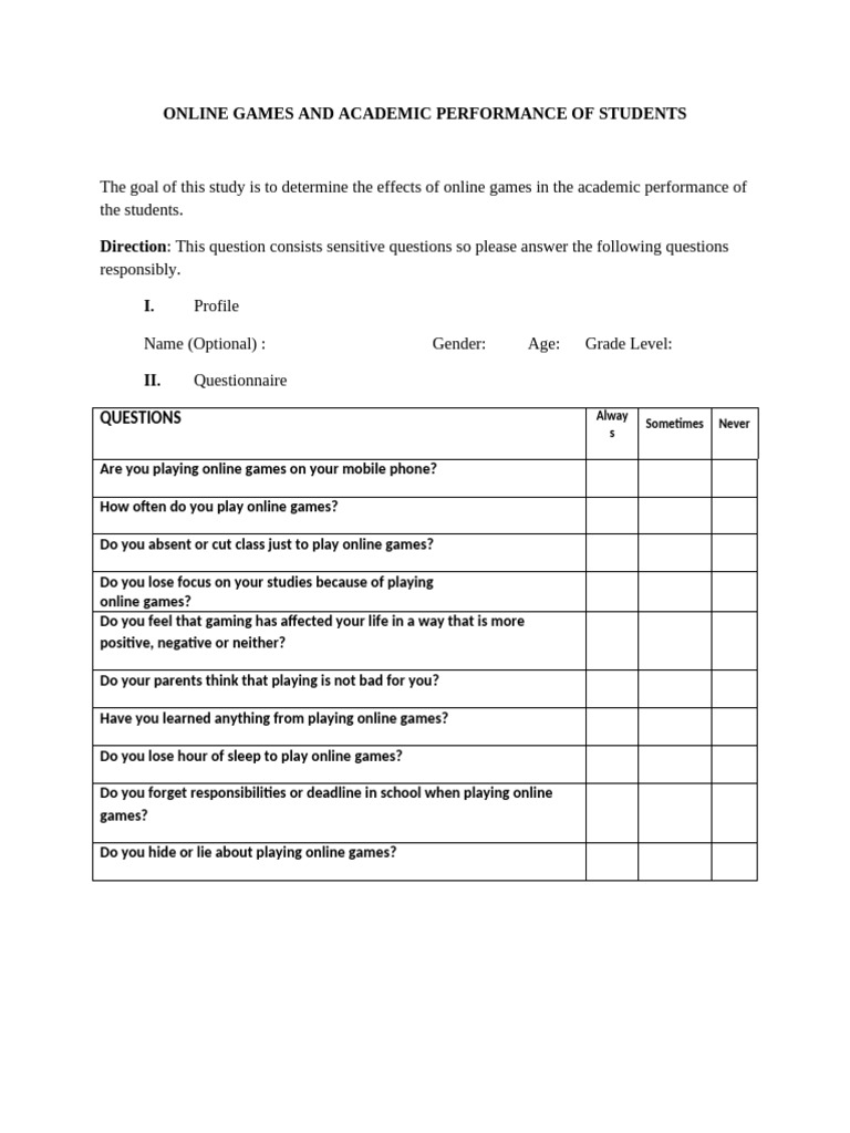 Online Games Questionnaire | PDF