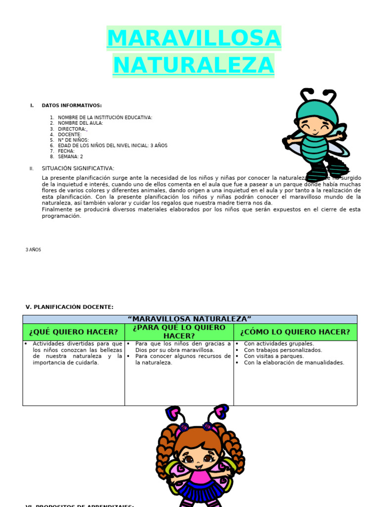 Planificación Infantil: Maravillosa Naturaleza | PDF | Evaluación ...