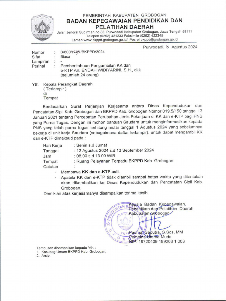 Pemberitahuan Pengambilan KK Dan e-KTP Baru Bagi Pensiun PNS TMT 01-08-2024 | PDF