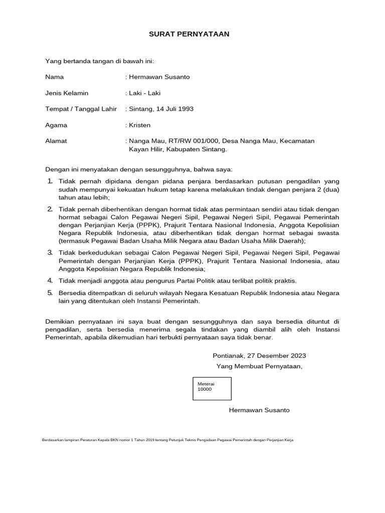 Master Format Surat Pernyataan PPPK | PDF