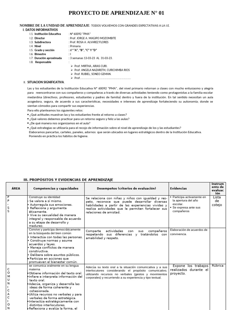 PROYECTO DE APRENDIZAJE N°01-2023 | PDF