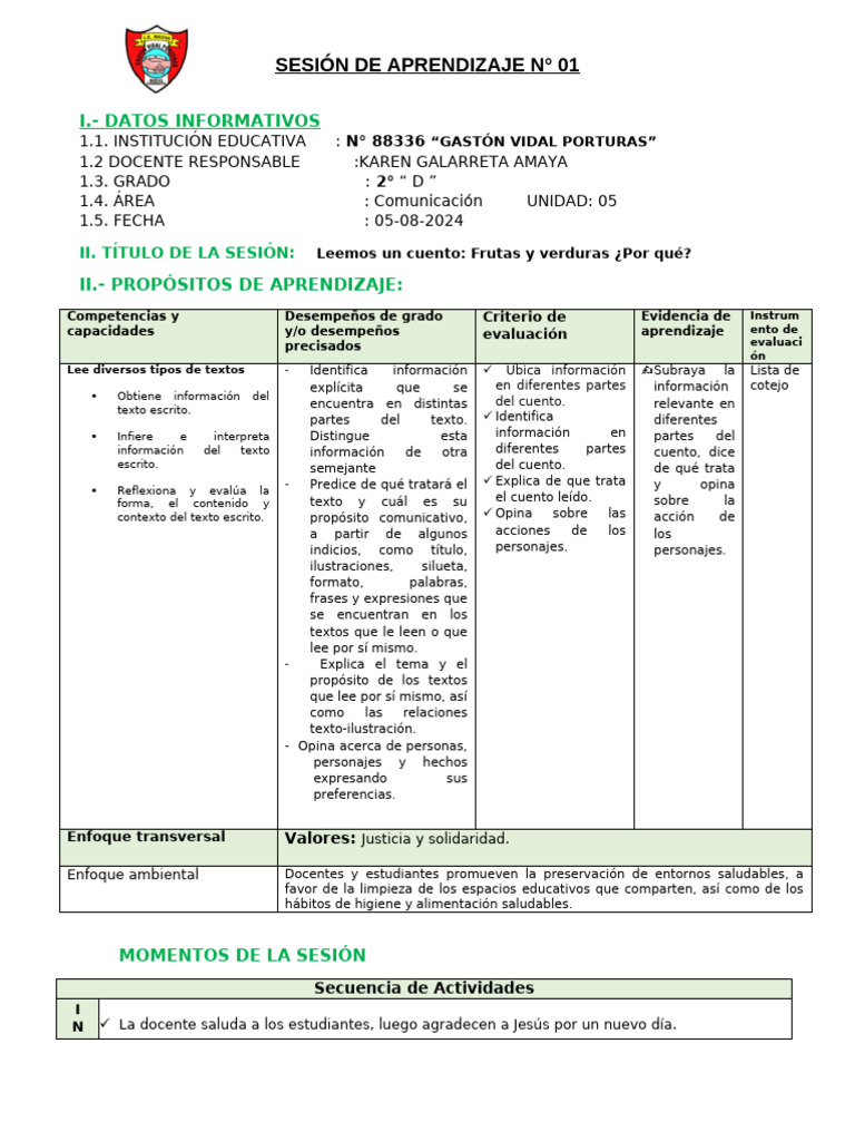 Sesion 1 (1) Frutas y Verduras | PDF | Cognición