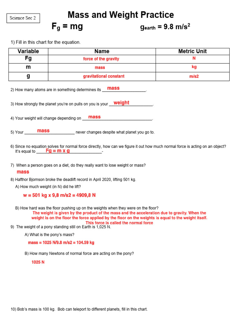 A-Mass and Weight Worksheet - DL-1 | PDF