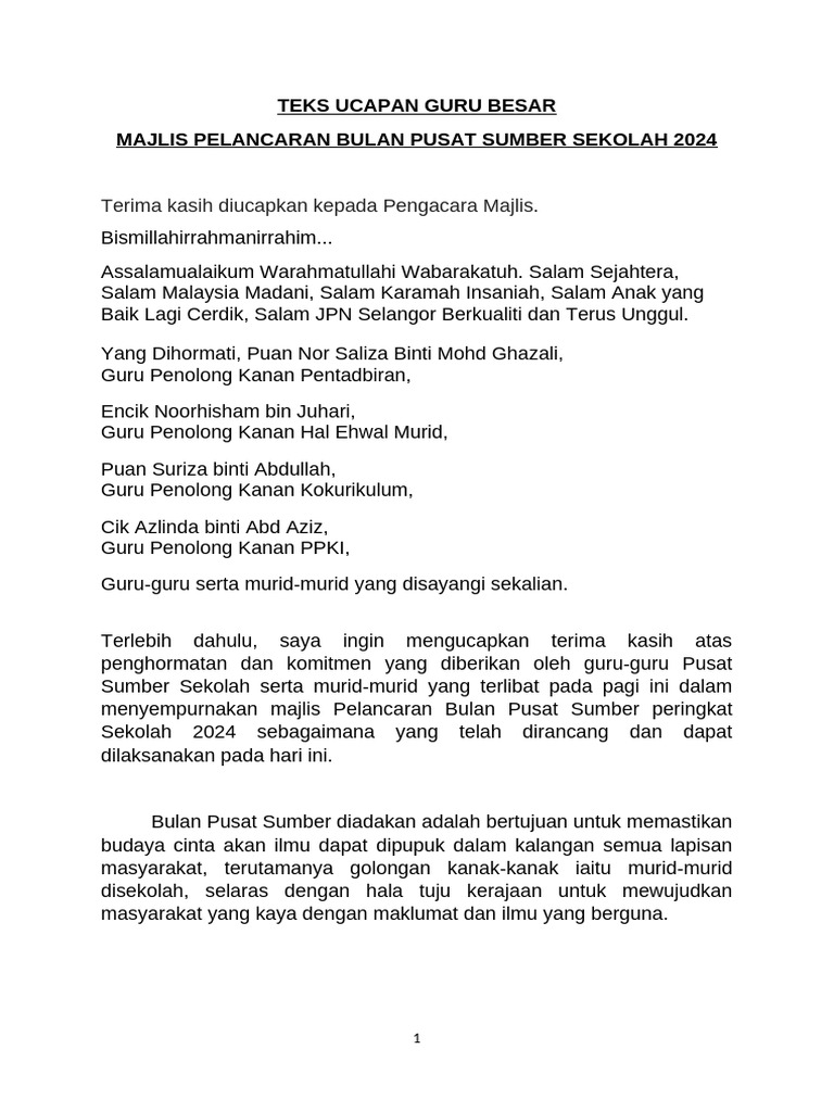 Teks Ucapan Perasmian Bulan Pusat Sumber Sekolah 2024 | PDF