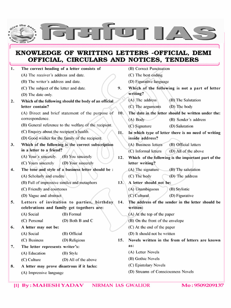 Letter Writting Important Questions | PDF