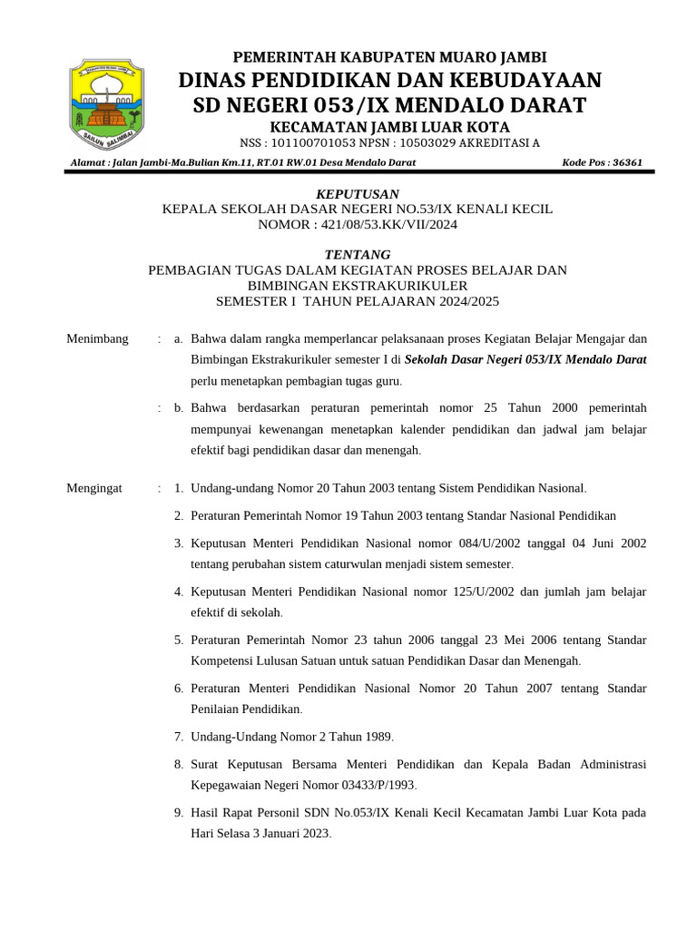 Pembagian Tugas Mengajar TP.2024 2025 | PDF