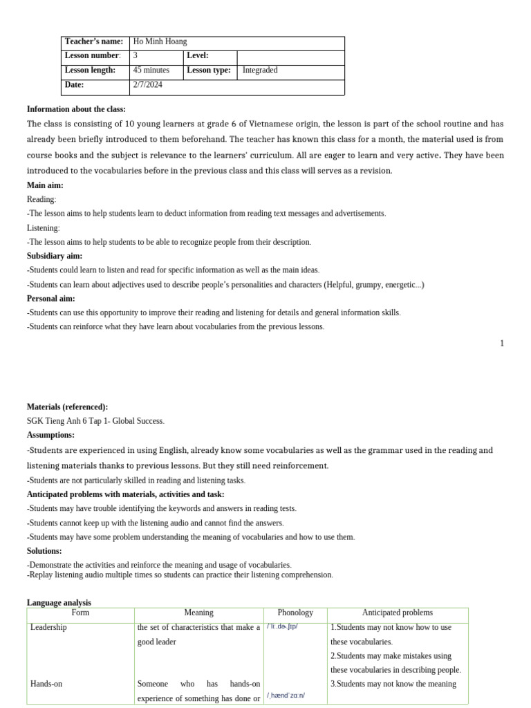 TKT Template - Unit 3 - Grade 6 | PDF