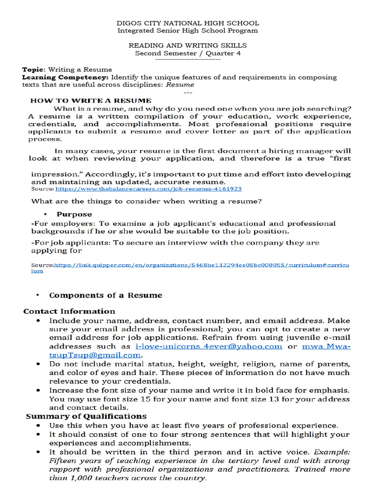 RWS Q4 Writing A Resume | PDF