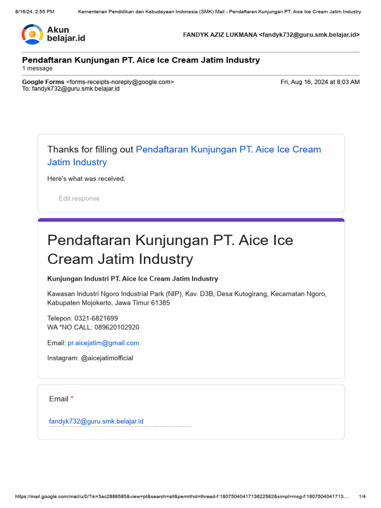 Kementerian Pendidikan Dan Kebudayaan Indonesia (SMK) Mail - Pendaftaran Kunjungan PT. Aice Ice ...