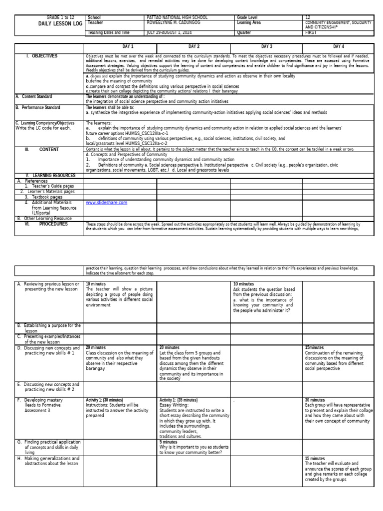Grade 12 Community Engagement Lesson Plan | PDF | Learning | Career ...