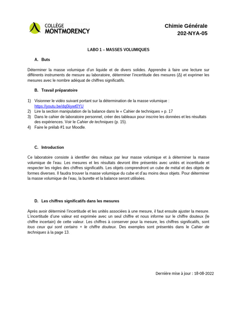 Labo1 Masses Volumiques A22 | PDF