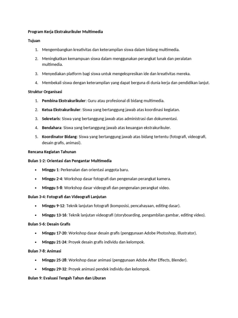 Program Kerja Ekstrakurikuler Multimedia | PDF