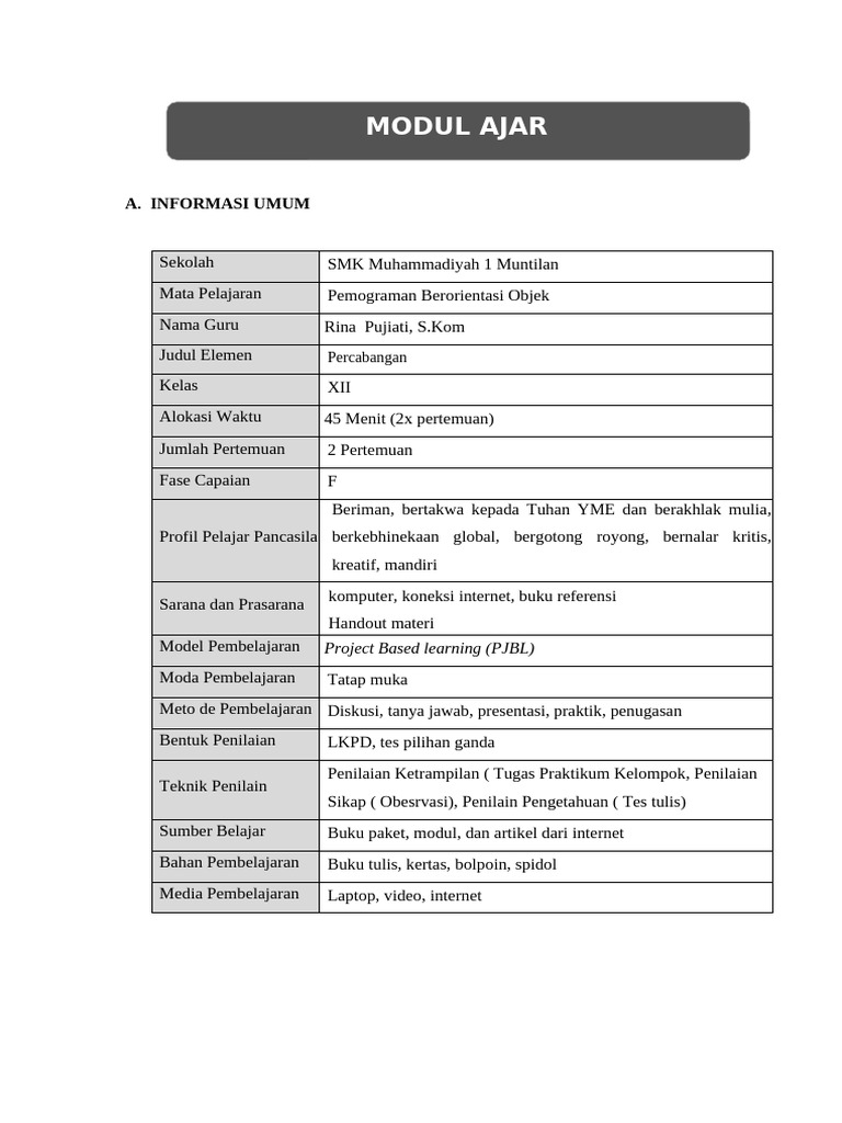 Modul Ajar PBO (PERCABANGAN) | PDF