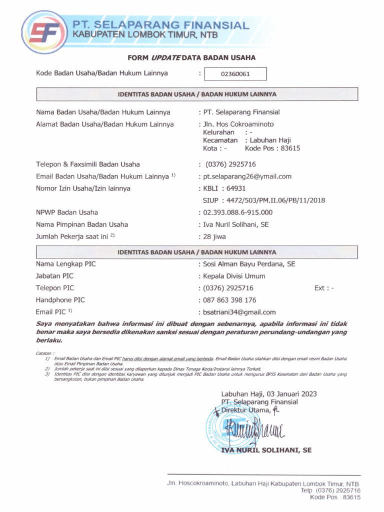 Form Update Data NIB Dan NPWP PT. Selaparang Finansial | PDF