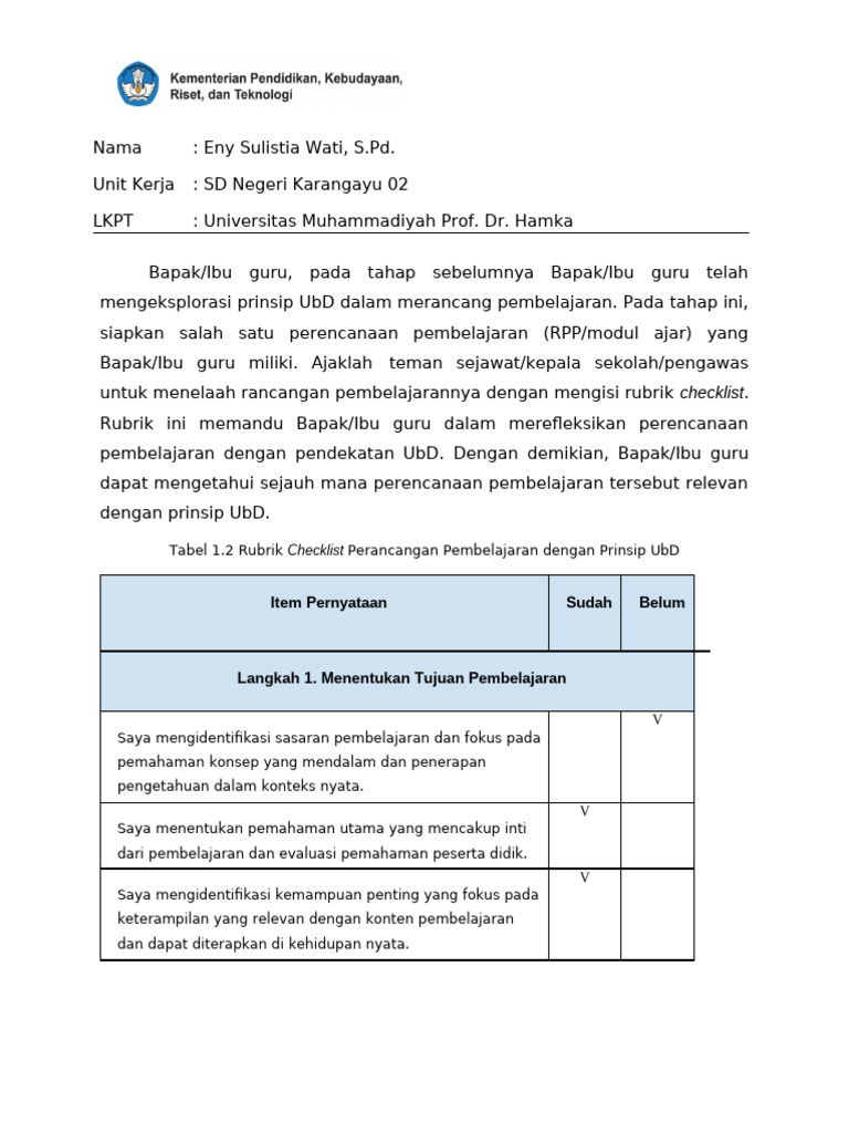Tabel 1.2 Rubrik Checklist Perancangan Pembelajaran Dengan Prinsip UbD ...