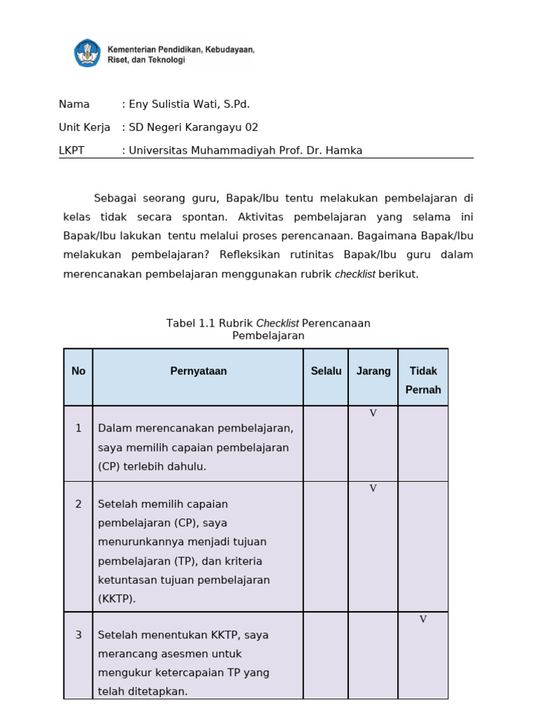 Tabel 1.1 Rubrik Checklist Perencanaan Pembelajaran | PDF