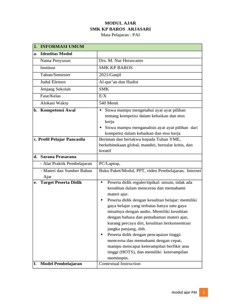 PAI 9 - Modul Ajar Kompetisi Dalam Kebaikan Dan Etos Kerja | PDF