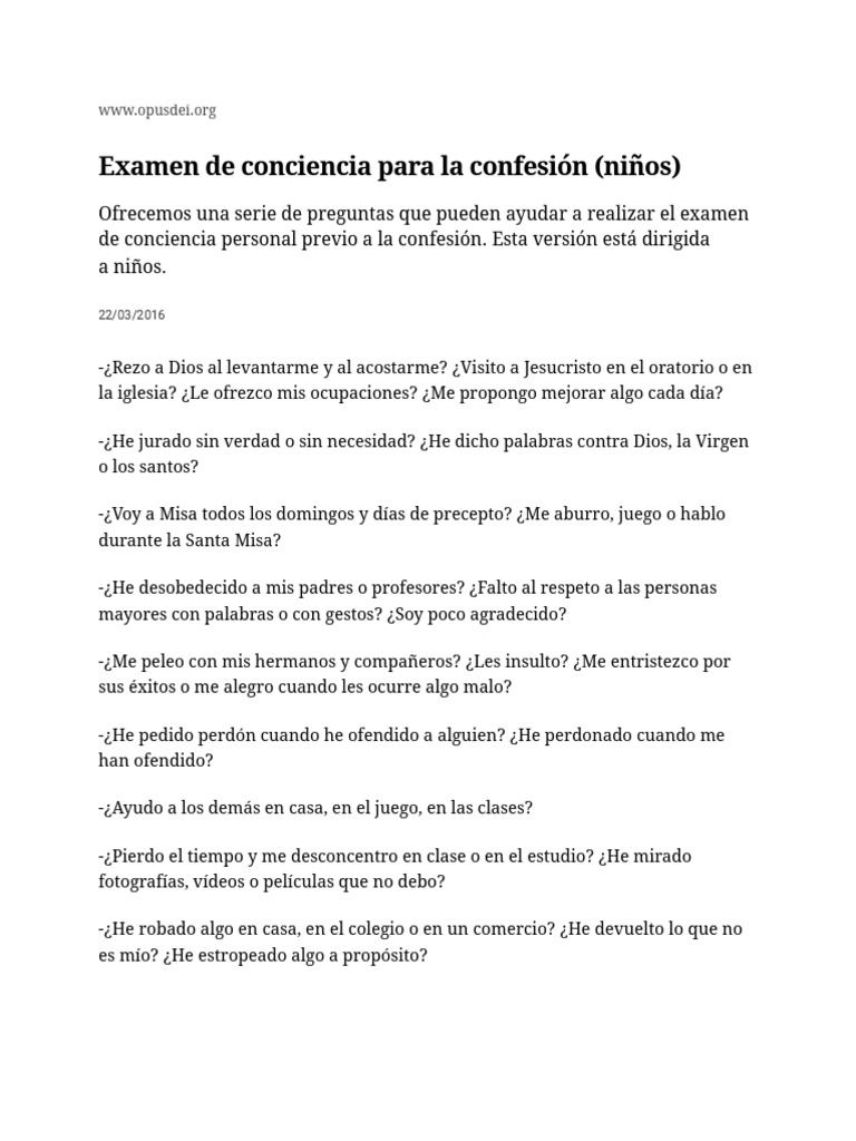 Examen de Conciencia para La Confesión (Niños) - Opus Dei | PDF