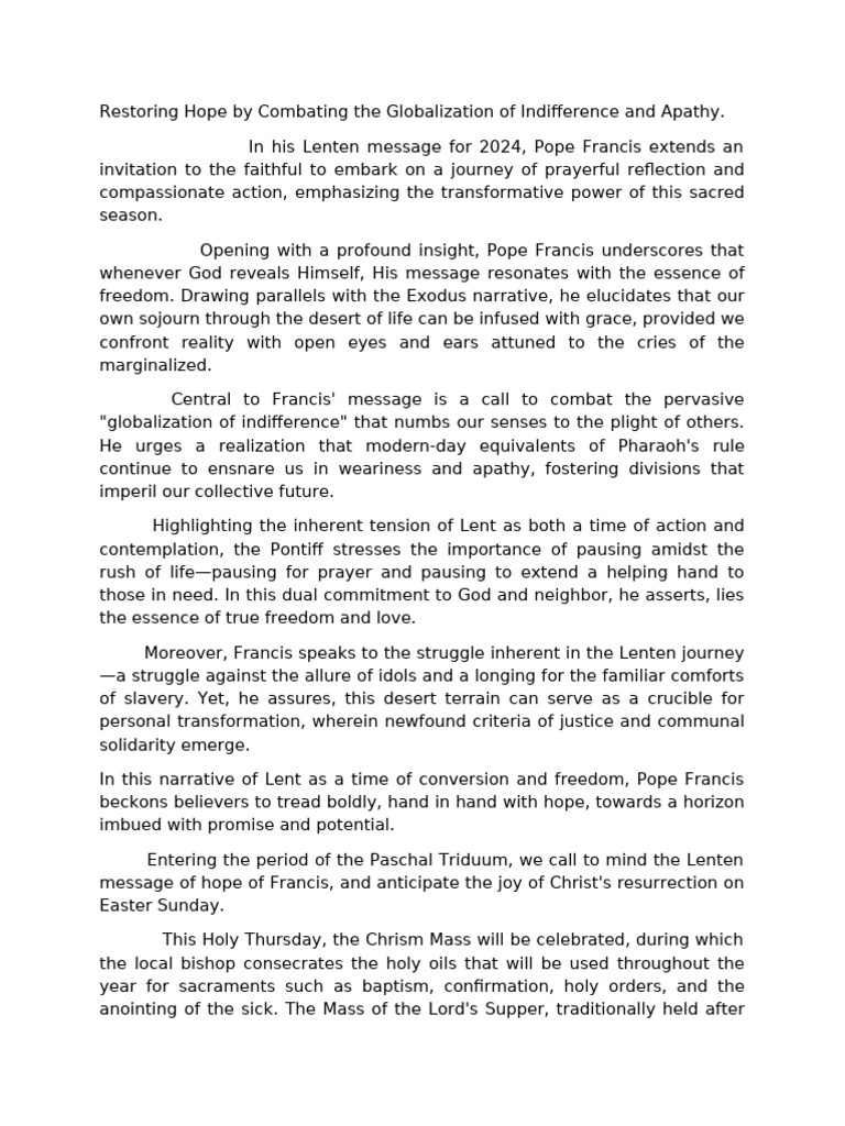 Pope Lenten Message For 2024 Paschal Triduum | PDF