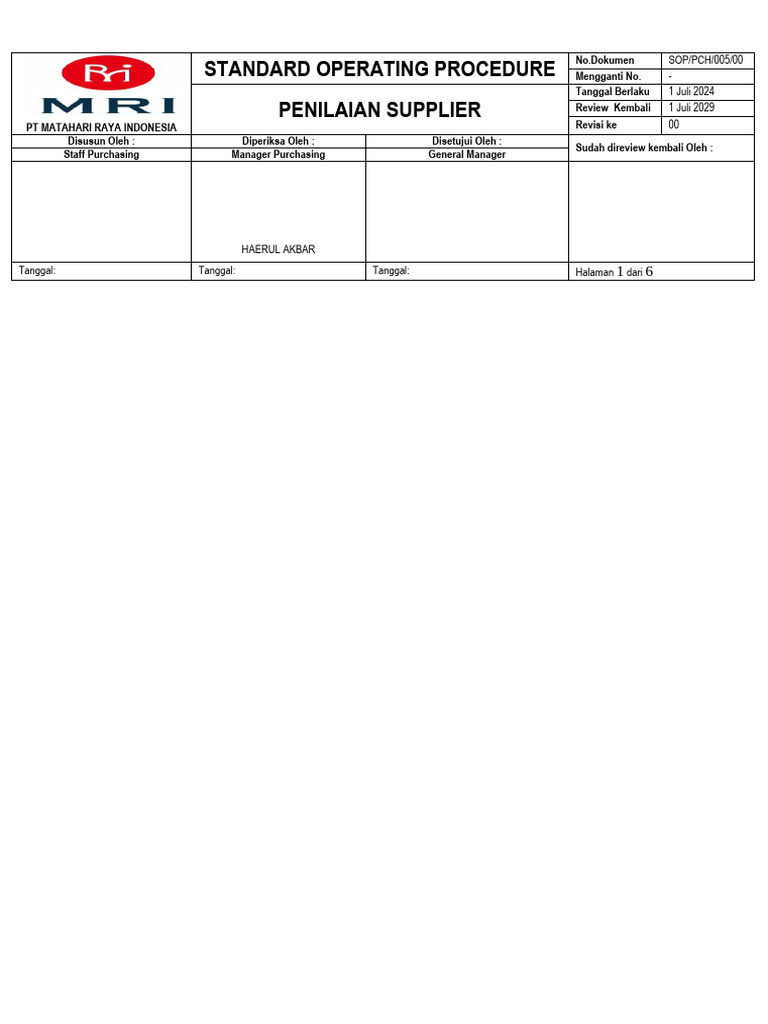 Sop - PCH - 005 - 00 Sop Penilaian Supplier | PDF