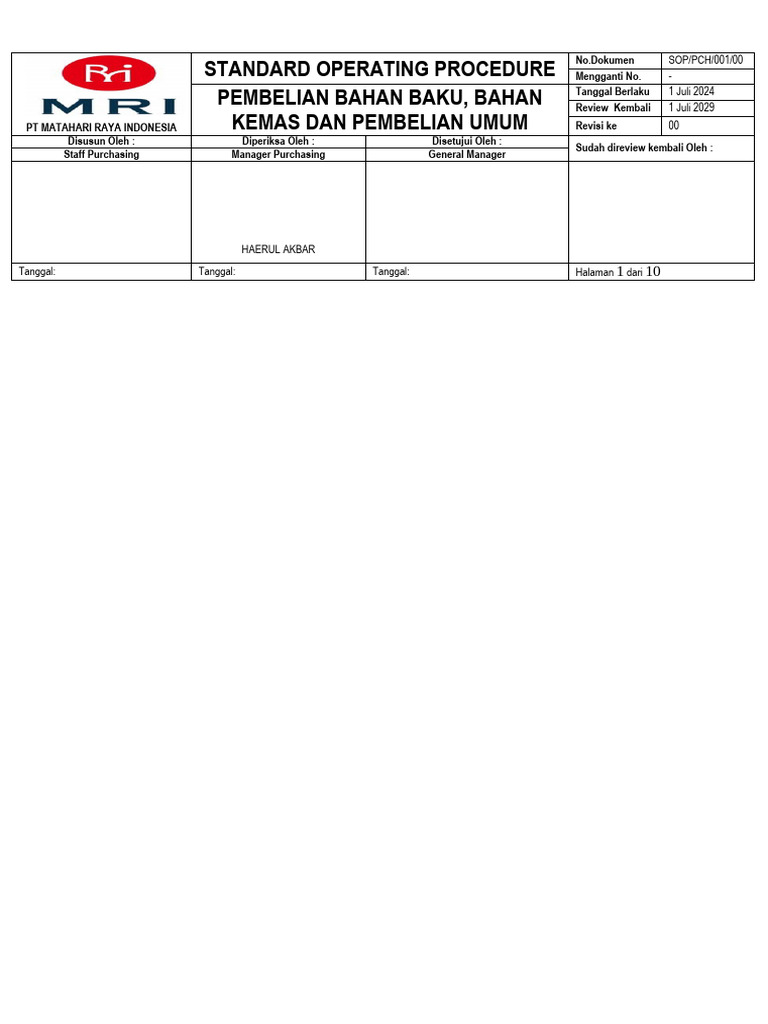 Sop - PCH - 001 - 00 Sop Pembelian Bahan Baku, Bahan Kemas, Dan ...