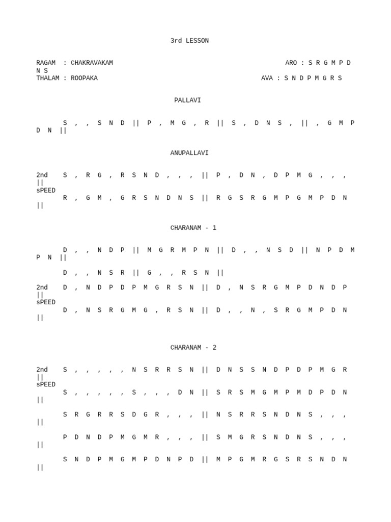 Chakravakam Raga Notation and Lyrics | PDF