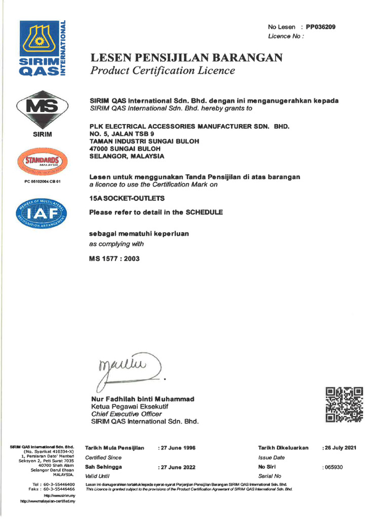 SIRIM-15A Certificate | PDF