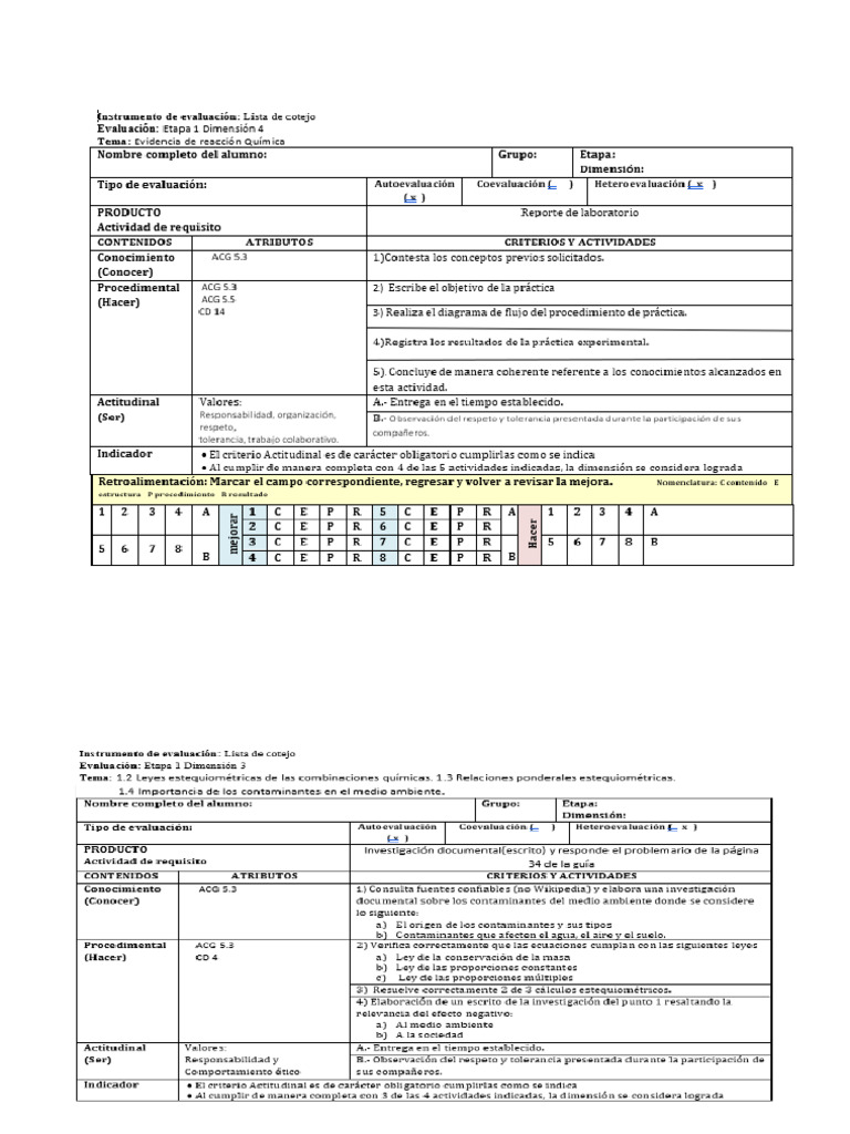 Listas de Cotejo E1, FQE | PDF