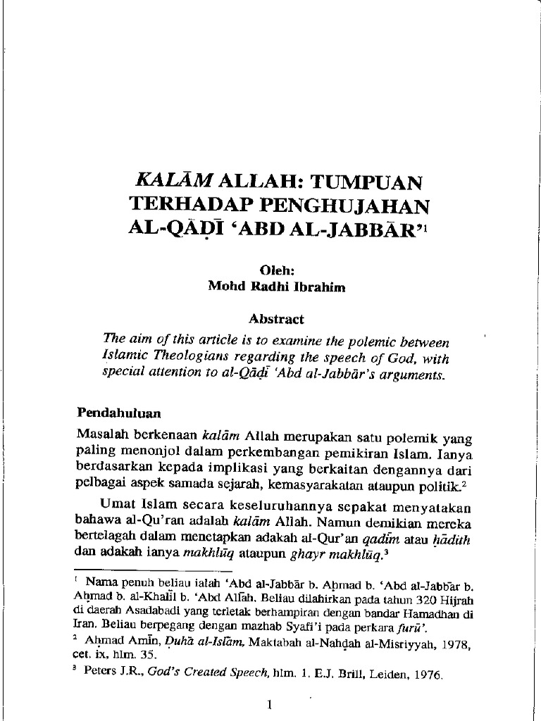 Kalam Allah: Tumpuan Terhadap Penghujahan Al-Qadi Abd Al-Jabbar" | PDF