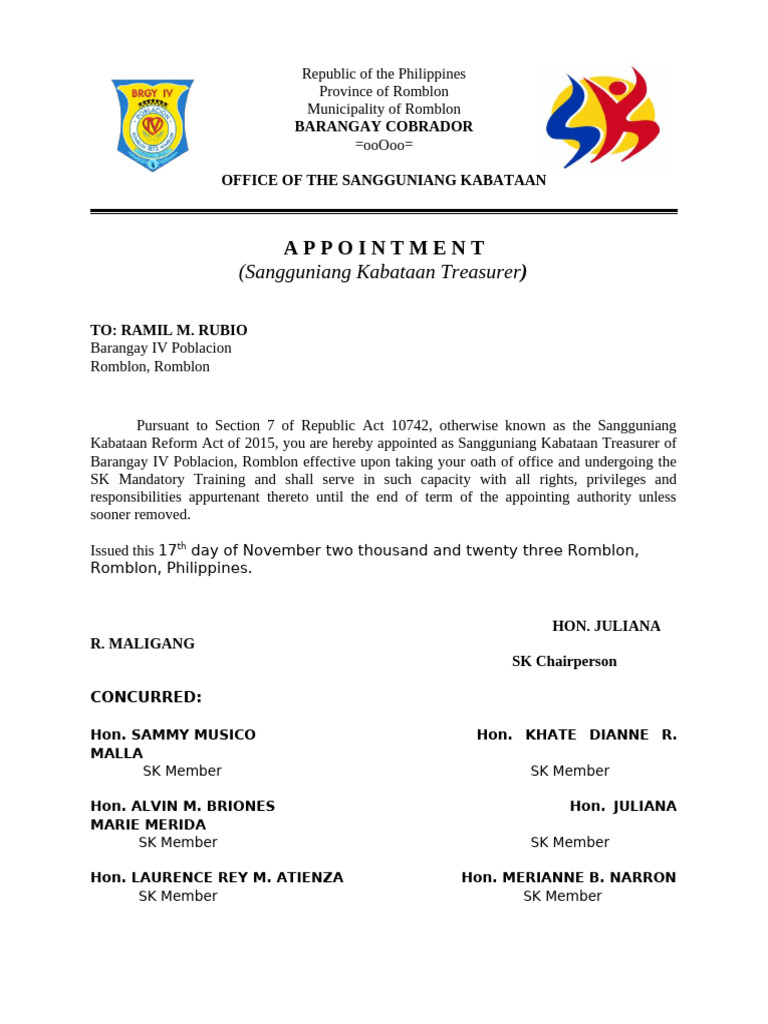 SK Treasurer Appointment 1 | PDF