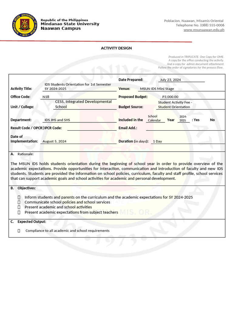 Activity Design IDS Students Orientation SY 2024 2025 | PDF