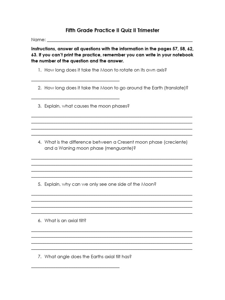 Fifth Grade Practice II Quiz II Trimester | PDF