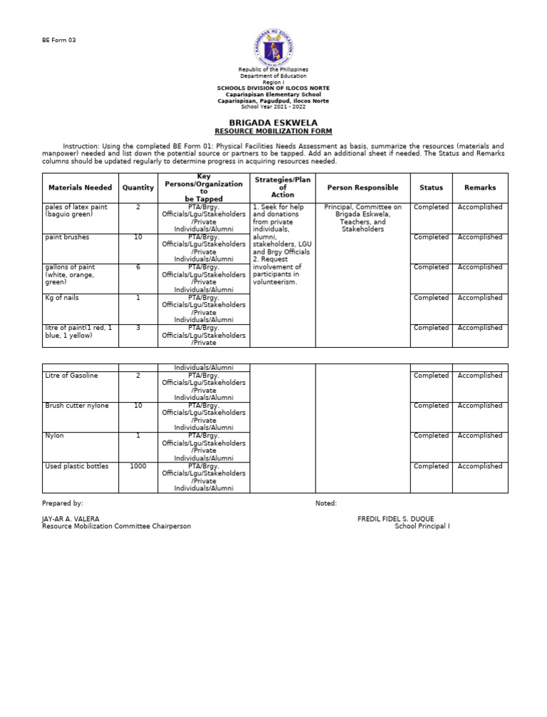 BE Form 3 RESOURCE MOBILIZATION FORM | PDF