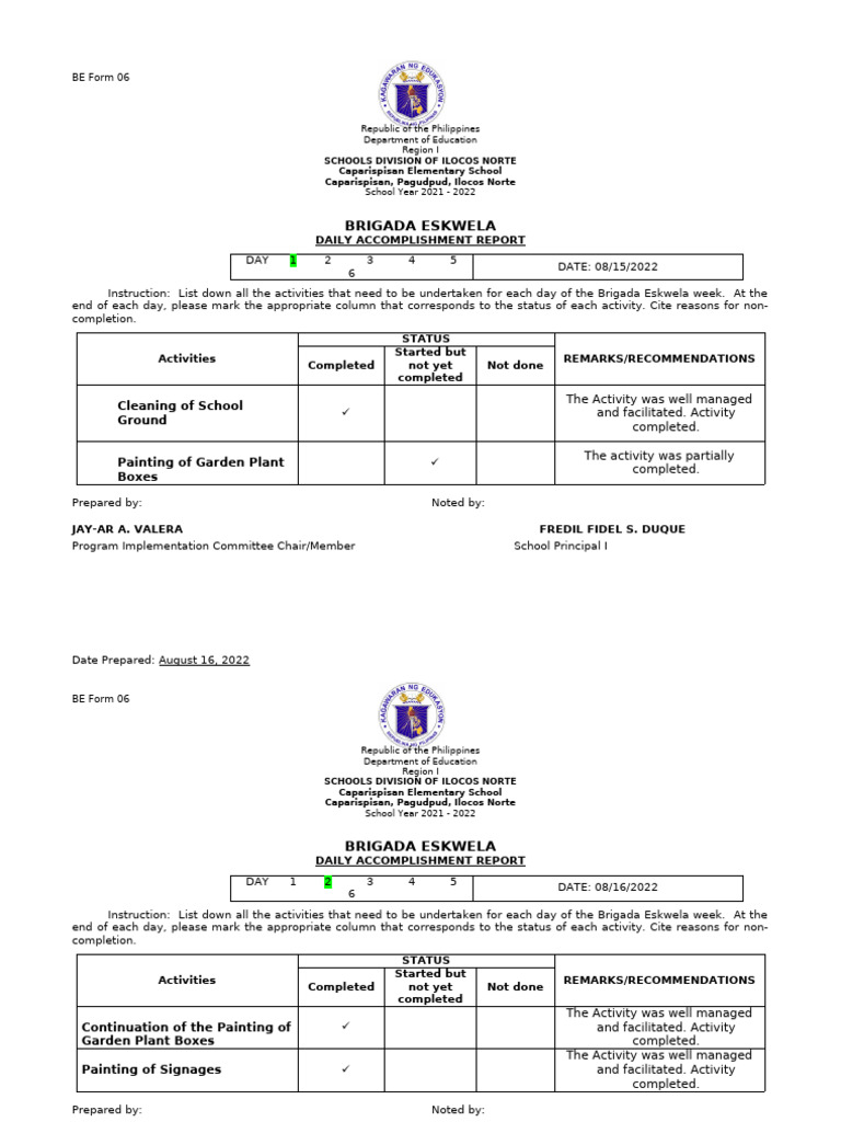Be Form 6 Daily Accomplishment Report | PDF