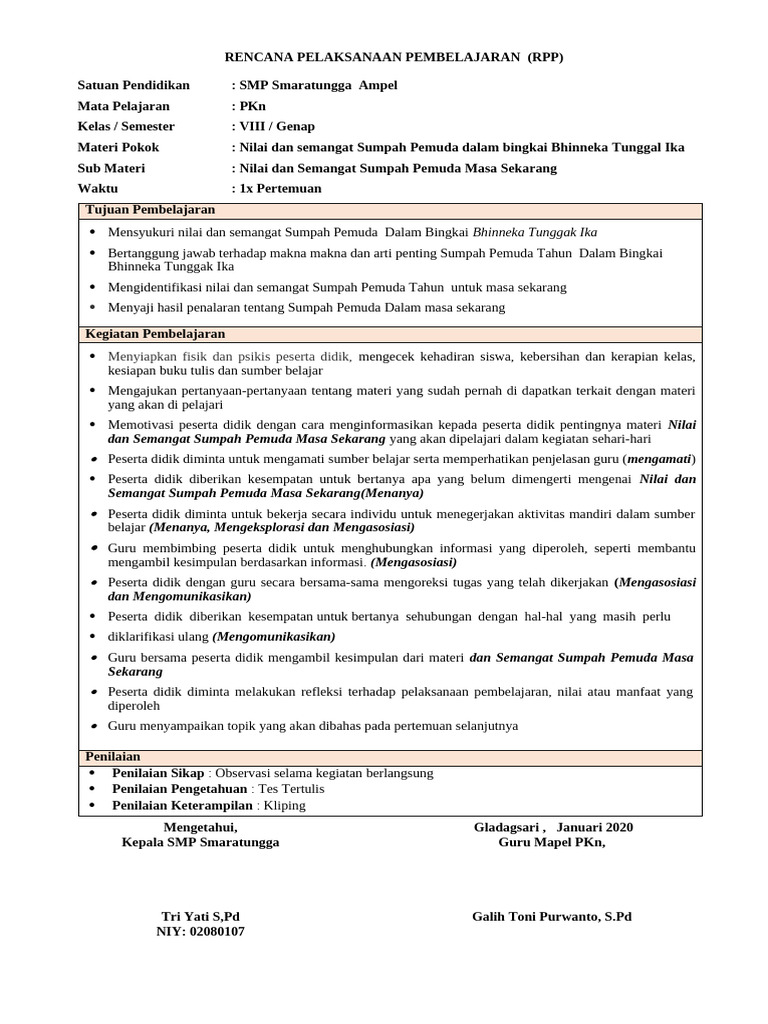 RPP 1 Lembar PKN Kelas 8 | PDF