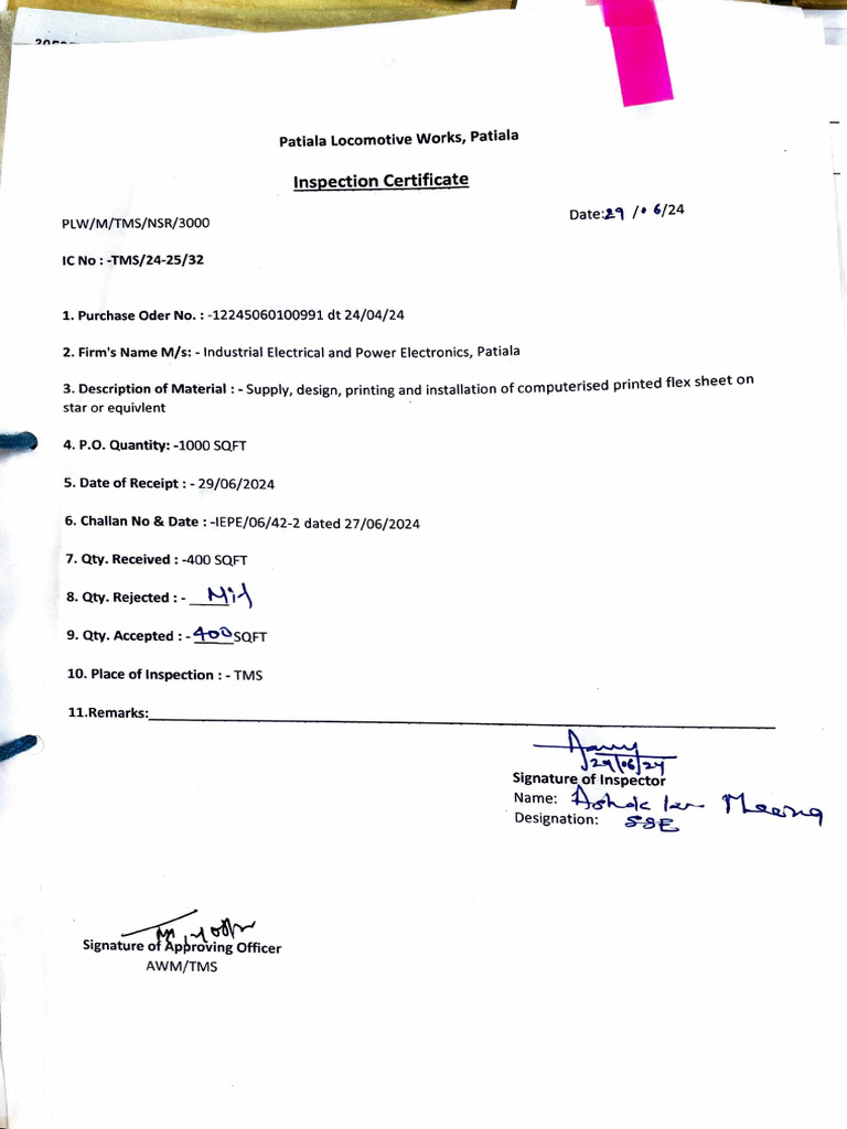 Inspection Certificate: Patiala Locomotive Works, Patiala | PDF