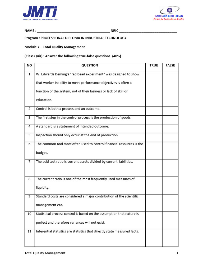 Quiz - Total Quality Management | PDF
