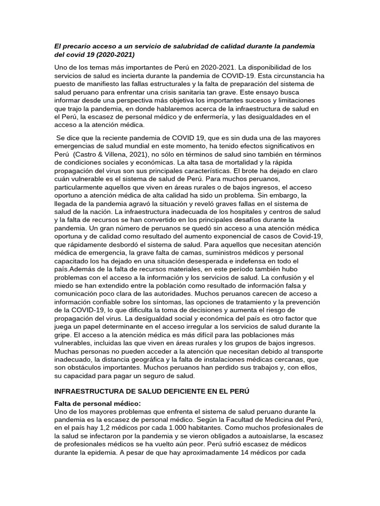 El Precario Acceso A Un Servicio de Salubridad de Calidad Durante La ...