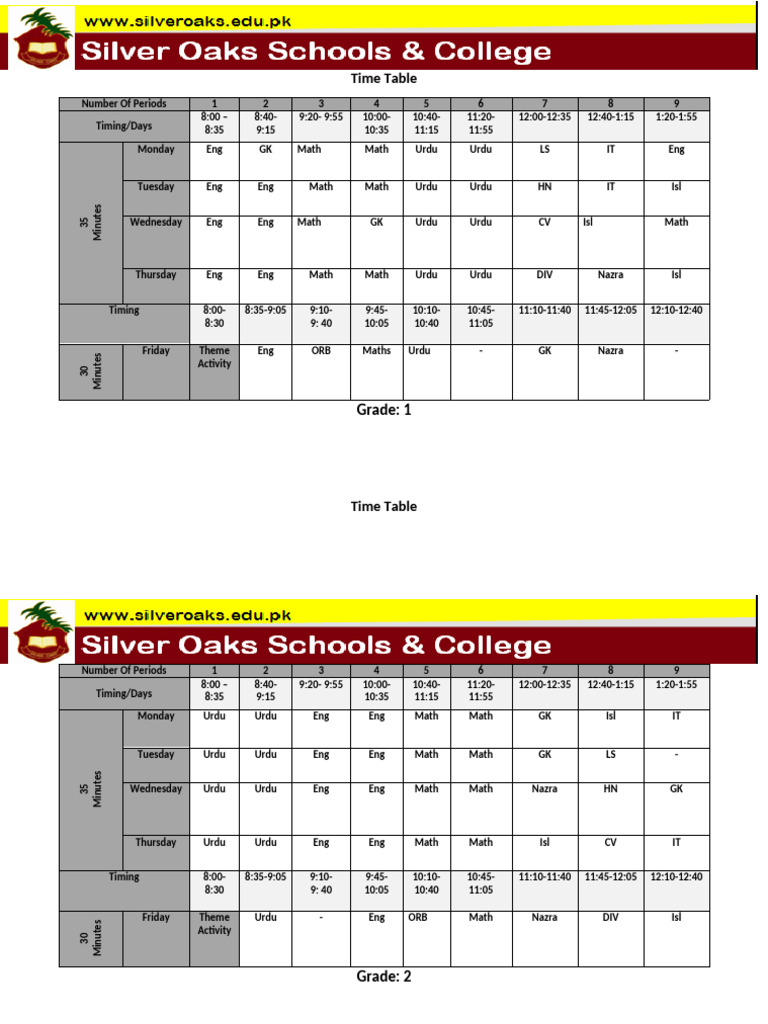 Virtual School Timetables Grade 1-5 2024-25 | PDF