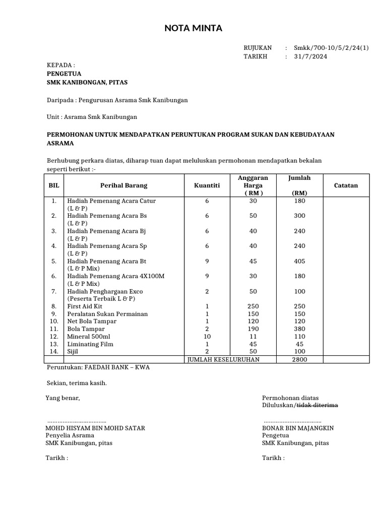 FORMAT NOTA MINTA | PDF