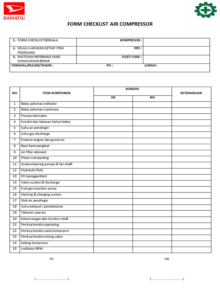 Form Checklist Air Compressor | PDF